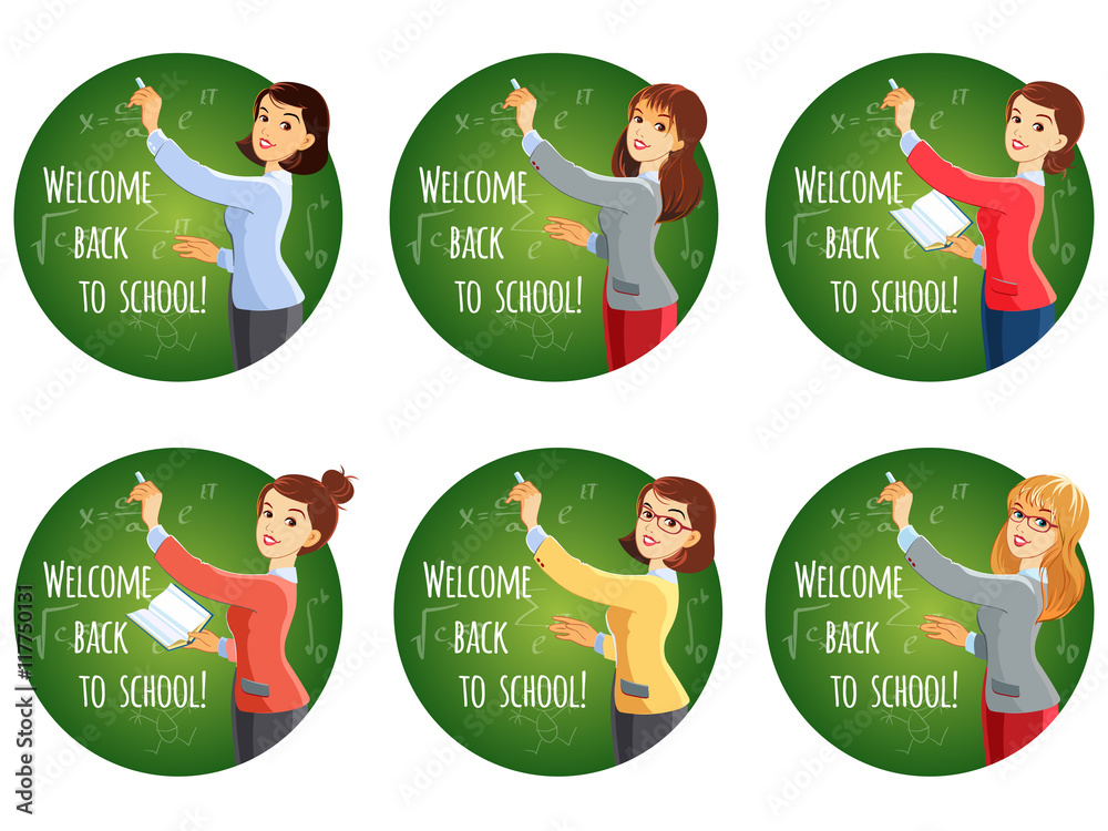 Cartoon young teacher wrote on the school board. Teacher welcomes ...