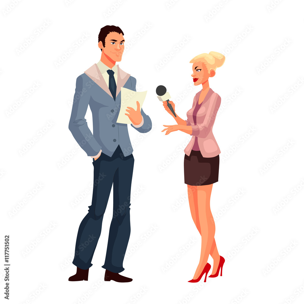 Beautiful female journalist, interviewee, cartoon style vector ...