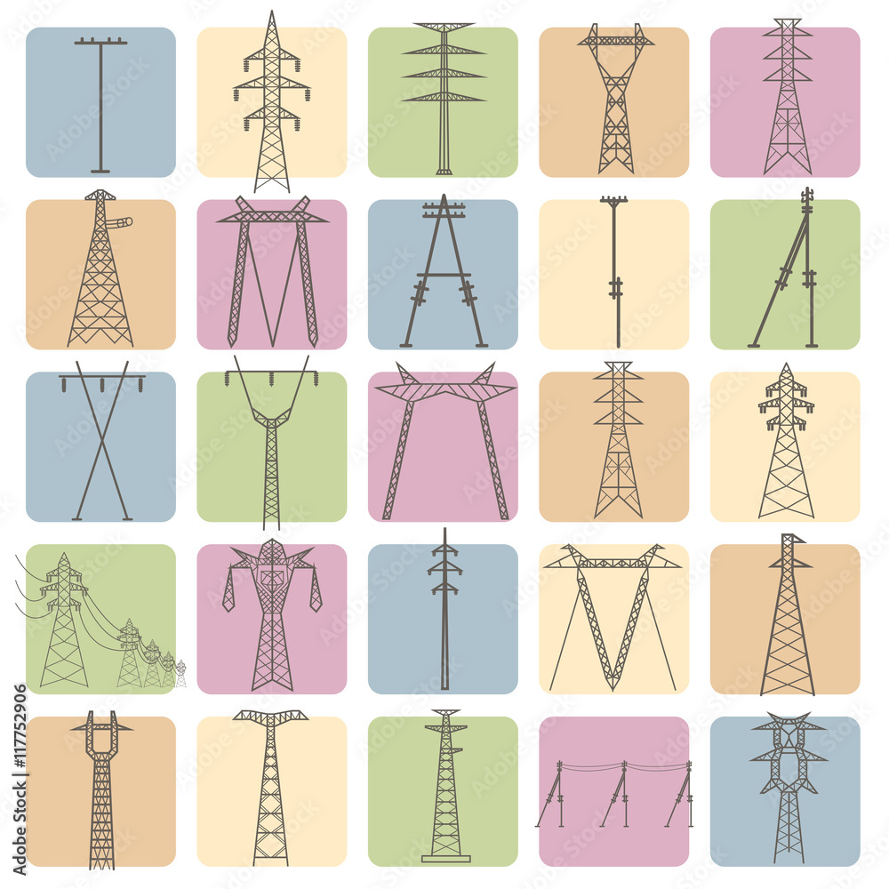 High voltage electric line pylon. Icon set suitable for creating Stock ...