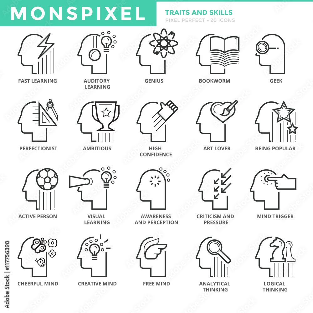 Flat thin line Icons set of Traits and Skills. Pixel Perfect Icons ...