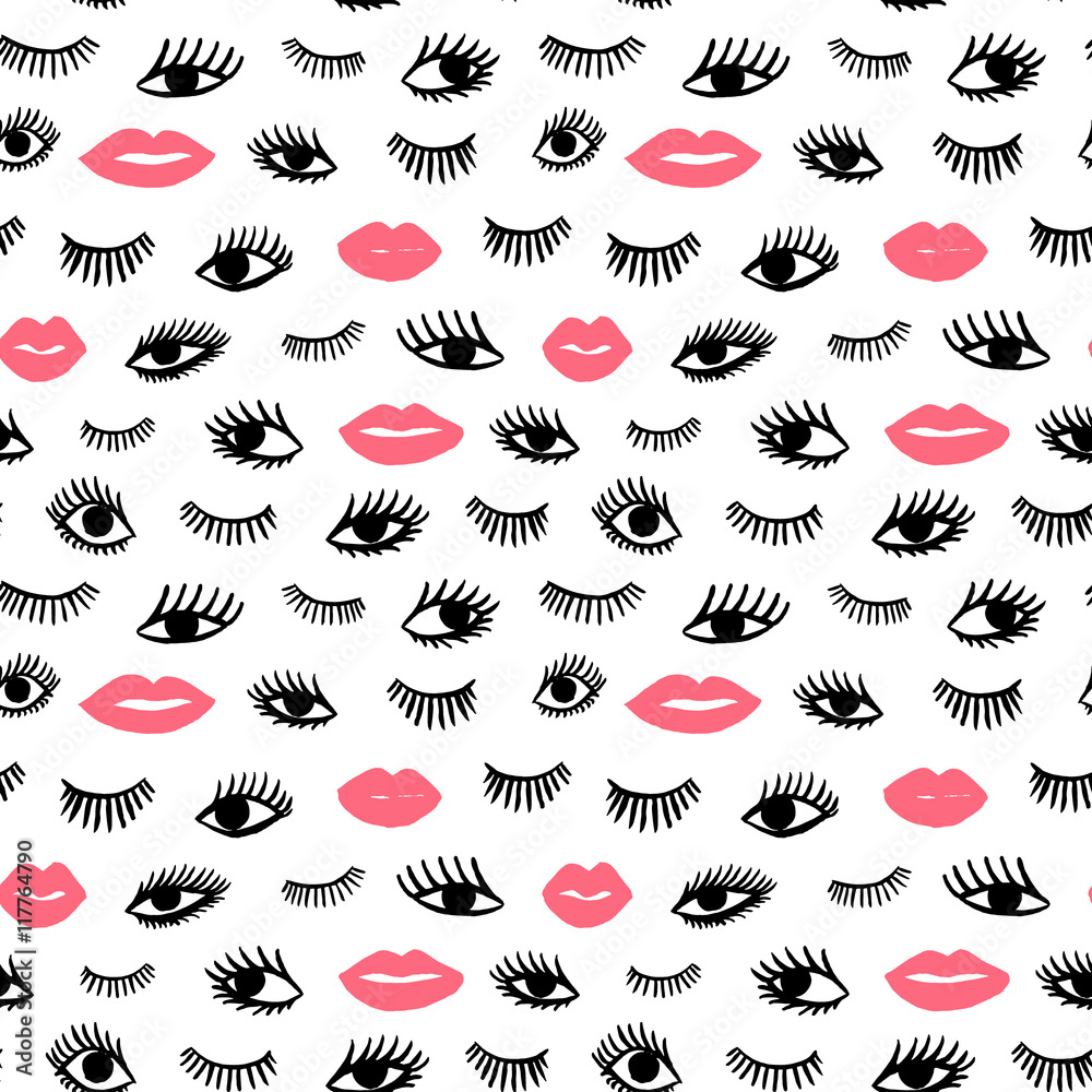Hand drawn eye, pink lips doodles seamless pattern in retro style ...