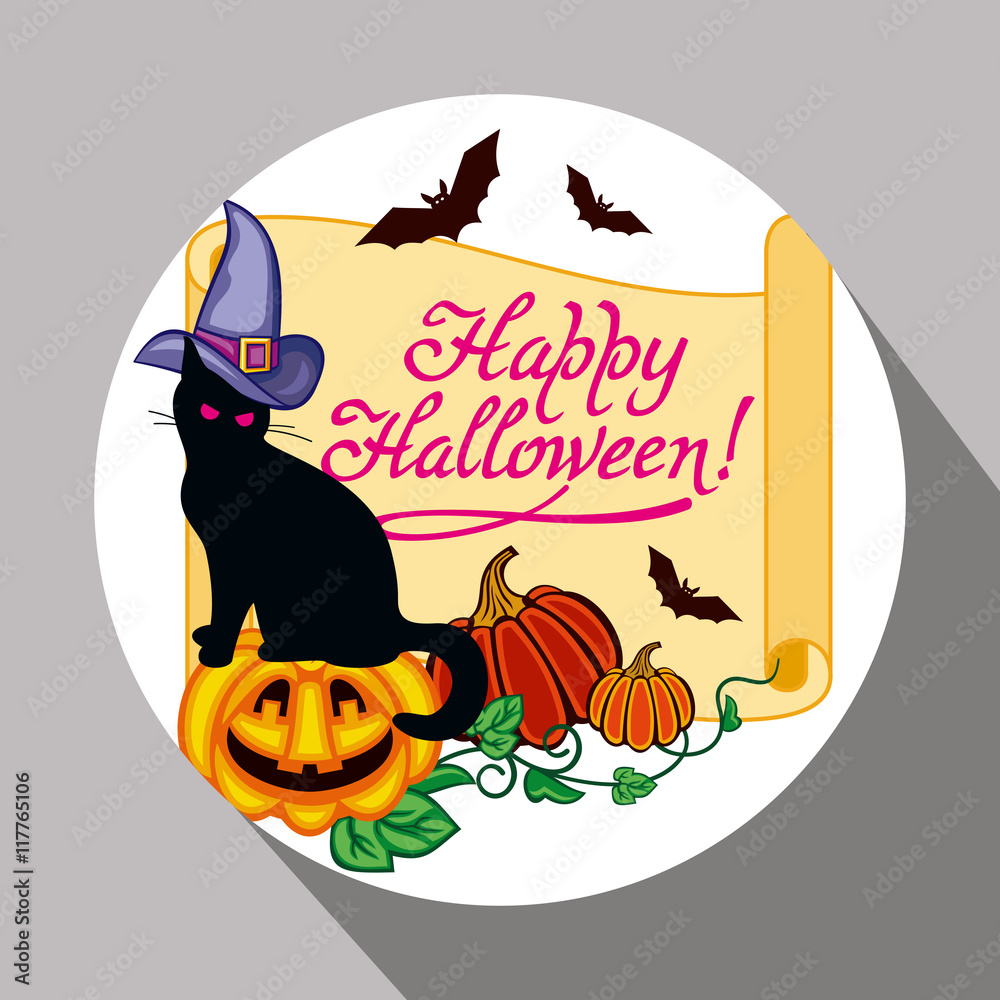 Round label with black cat in witch hat, pumpkin and hand drawn text ...