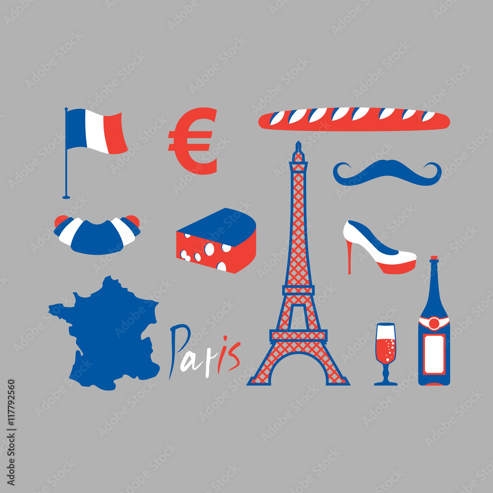 Paris icons set. Traditional French national symbols. Eiffel Tow Stock ...