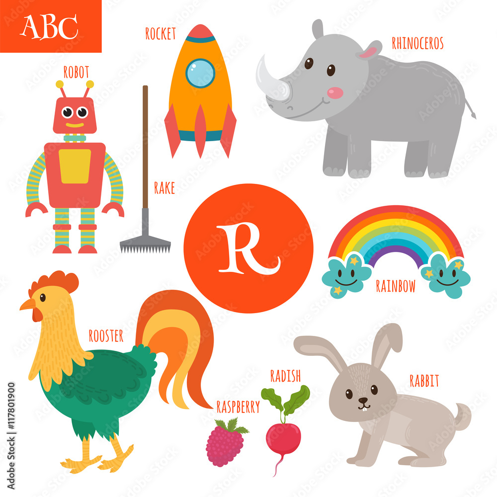 Letter R. Cartoon alphabet for children. Radish, rhinoceros, roc Stock ...