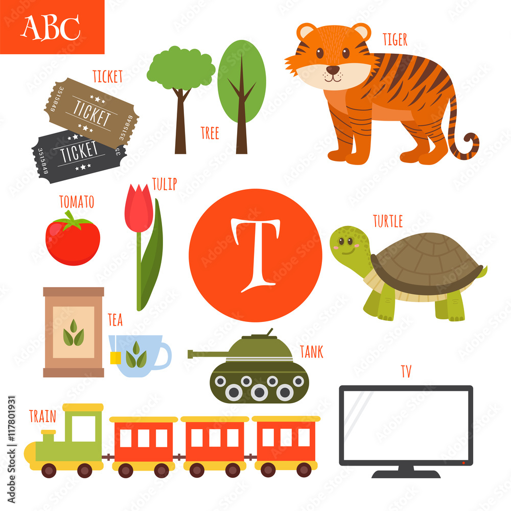 Letter T. Cartoon alphabet for children. Tiger, turtle, tv, tea, Stock ...