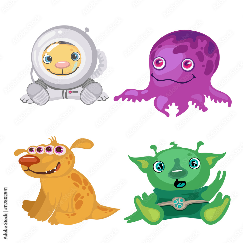 Four funny bizarre alien, fictional characters Stock Vector | Adobe Stock