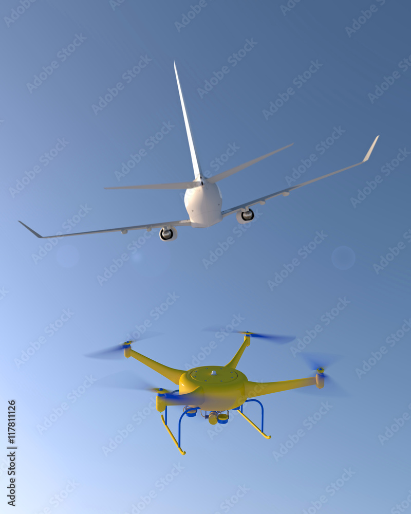 3D render of UAV drone and airliner narrowly avoiding a mid-air ...