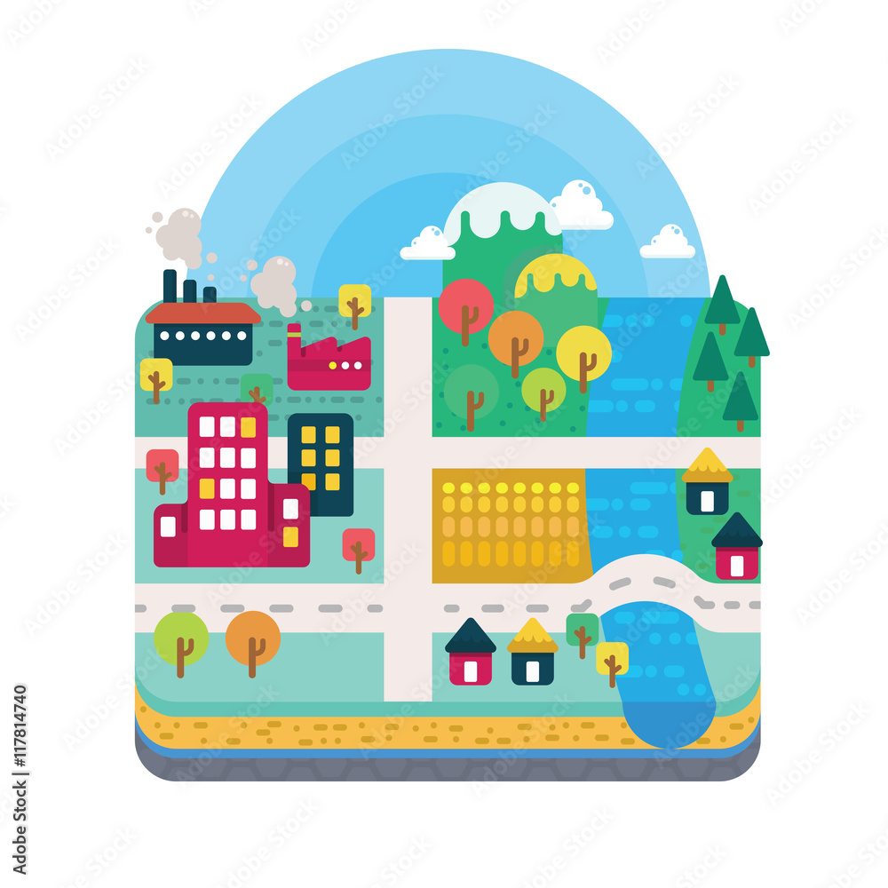 Vector Illustration of City and Nature Landscape Map Layer Scenery in ...