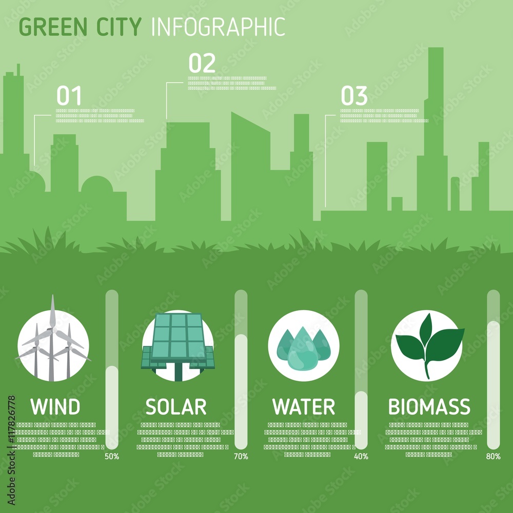Green town silhouette with infographic elements Stock Vector | Adobe Stock