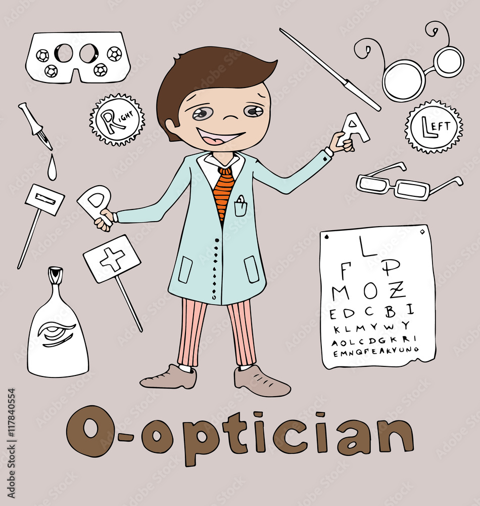 the professions optician in alphabetical order cartoon hand drawn ...