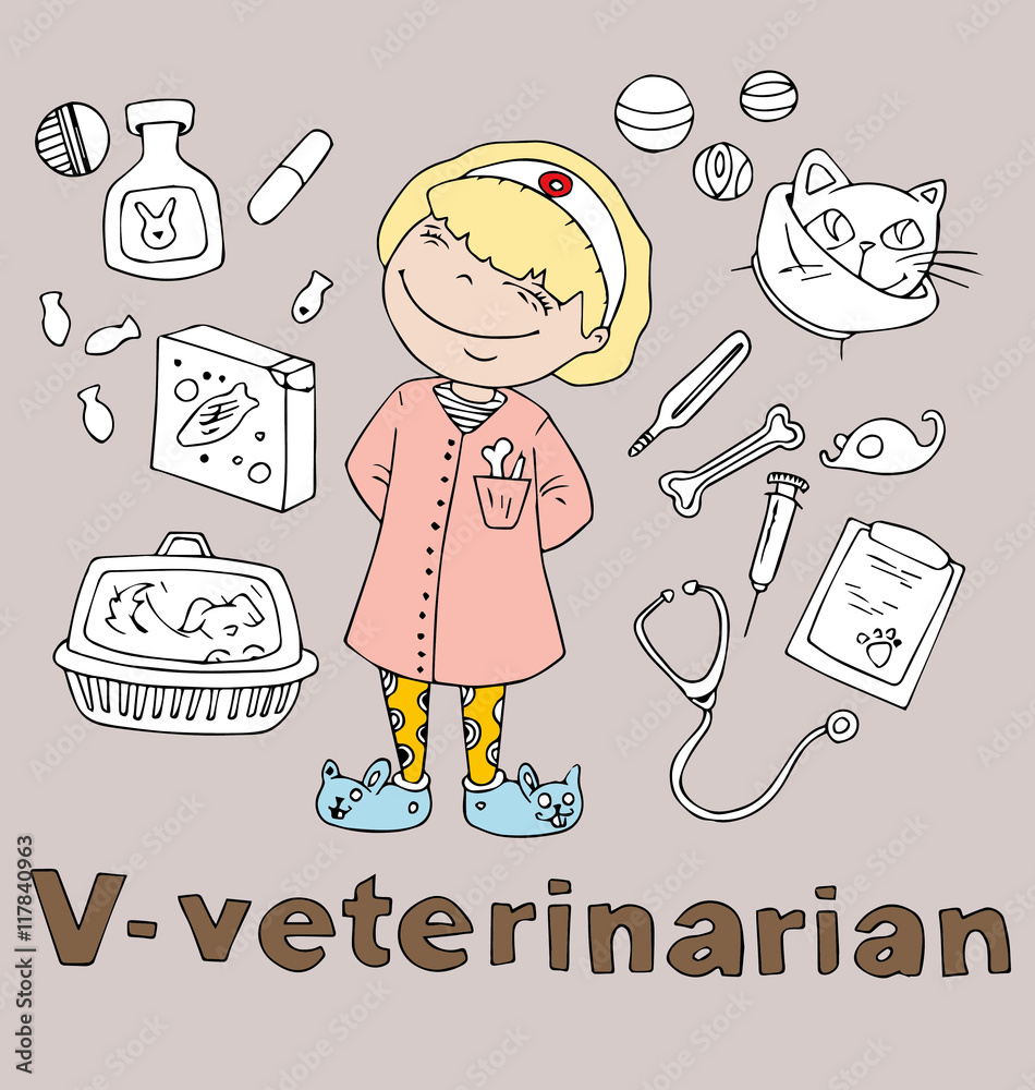 the professions veterinarian in alphabetical order cartoon hand drawn ...