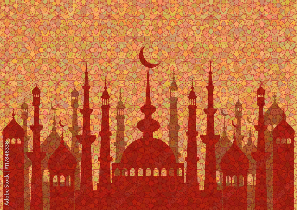 Red pattern with mosques on stained glass kaleidoscope backdrop for ...