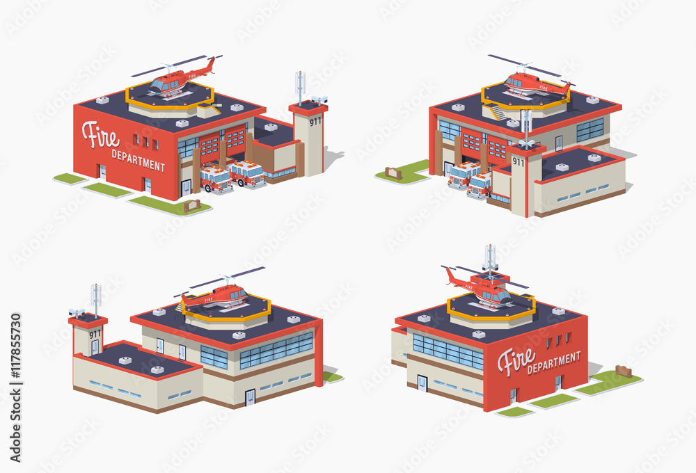 Fire station. 3D lowpoly isometric vector illustration. The set of ...