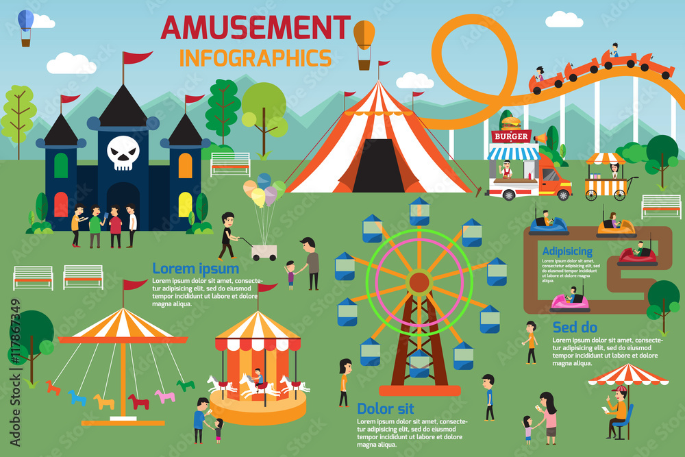 Amusement park infographic elements flat vector design. People s Stock ...