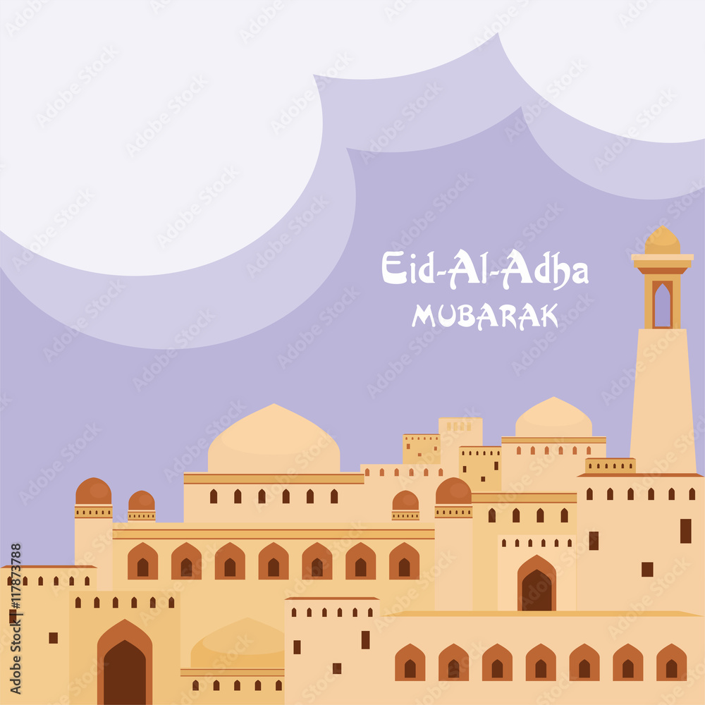 Vecteur Stock Eid al-Adha greeting card with the image of an ancient ...