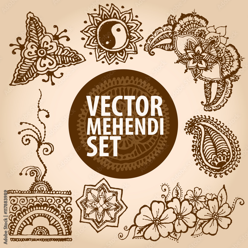 vector set : illustration mehendi, henna tattoo Stock Vector | Adobe Stock