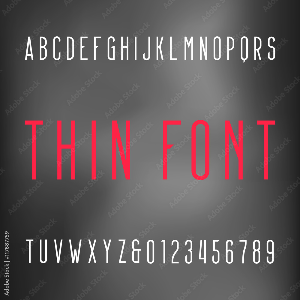 Thin alphabet font. Type letters and numbers on a blurred background ...