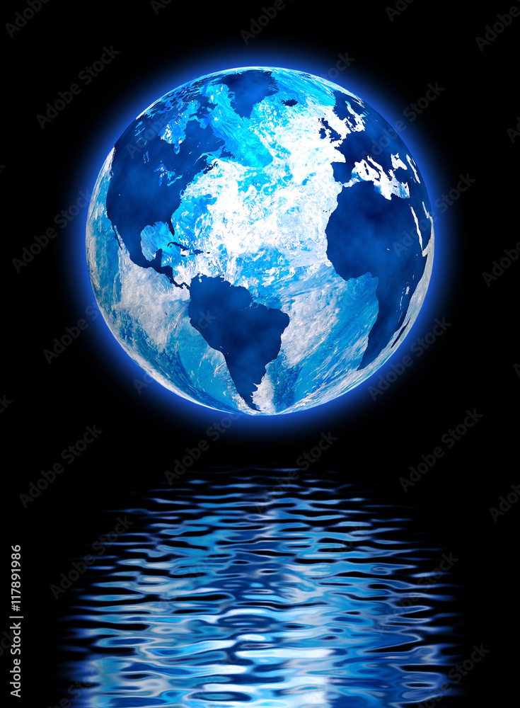 image of the planet earth in the reflection of water close-up Stock ...