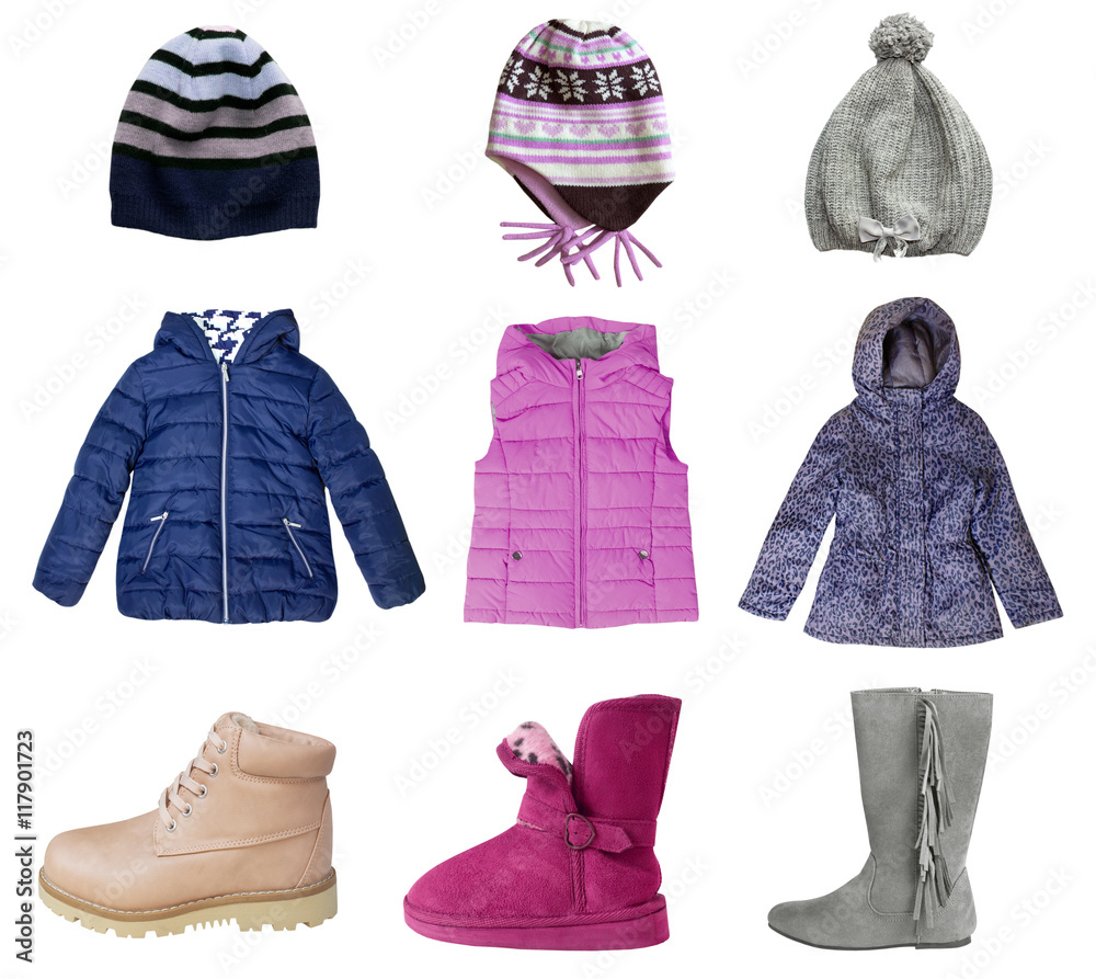 Child girl winter clothes collage set isolated on white. Stock Photo ...