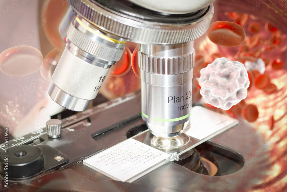 Laboratory microscope and blood flow, 3D illustration Stock ...