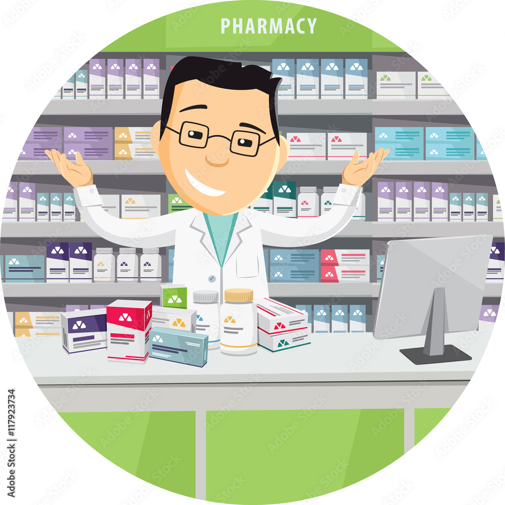Pharmacist chemist man in pharmacy. Banner. Sale of vitamins and ...