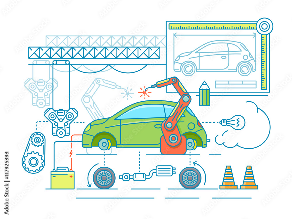 Vehicle assembling flat design. Car manufacturing, build according to ...