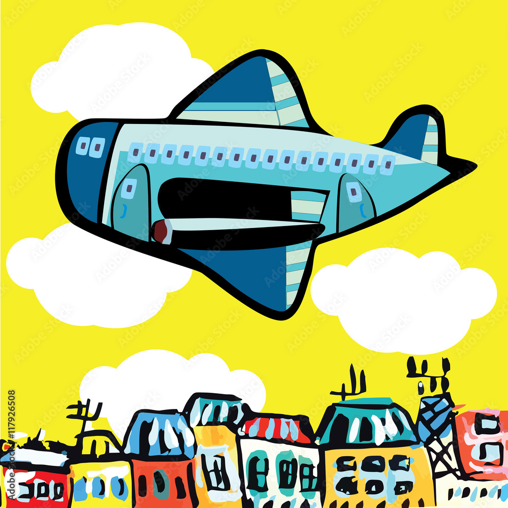 vector illustration of a cartoon airplane flying over the city Stock ...