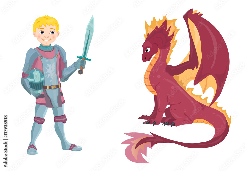 Cartoon knight with fierce dragon on white background Stock Vector ...