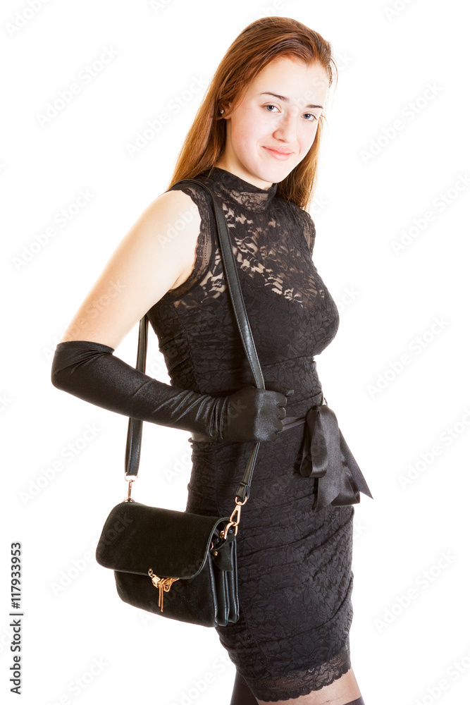 long-haired teenager girl wearing black dress with black reticule Stock ...