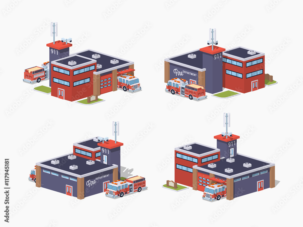 Fire station. 3D lowpoly isometric vector illustration. The set of ...