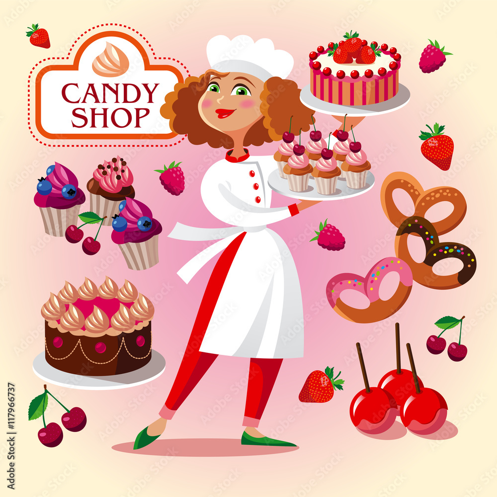 vector set. pastry cook girl in the pastry shop. Vector set with cakes ...