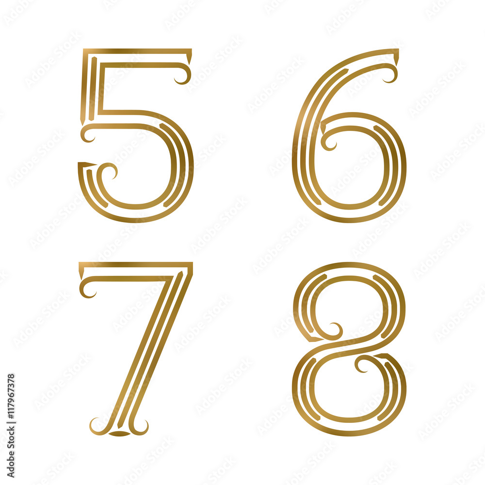 Five, six, seven, eight golden numbers. Font of lines with flourishes ...
