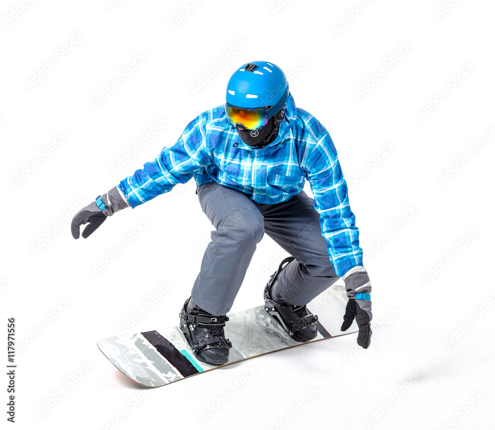 Portrait of young man in sportswear with snowboard isolated on a white ...