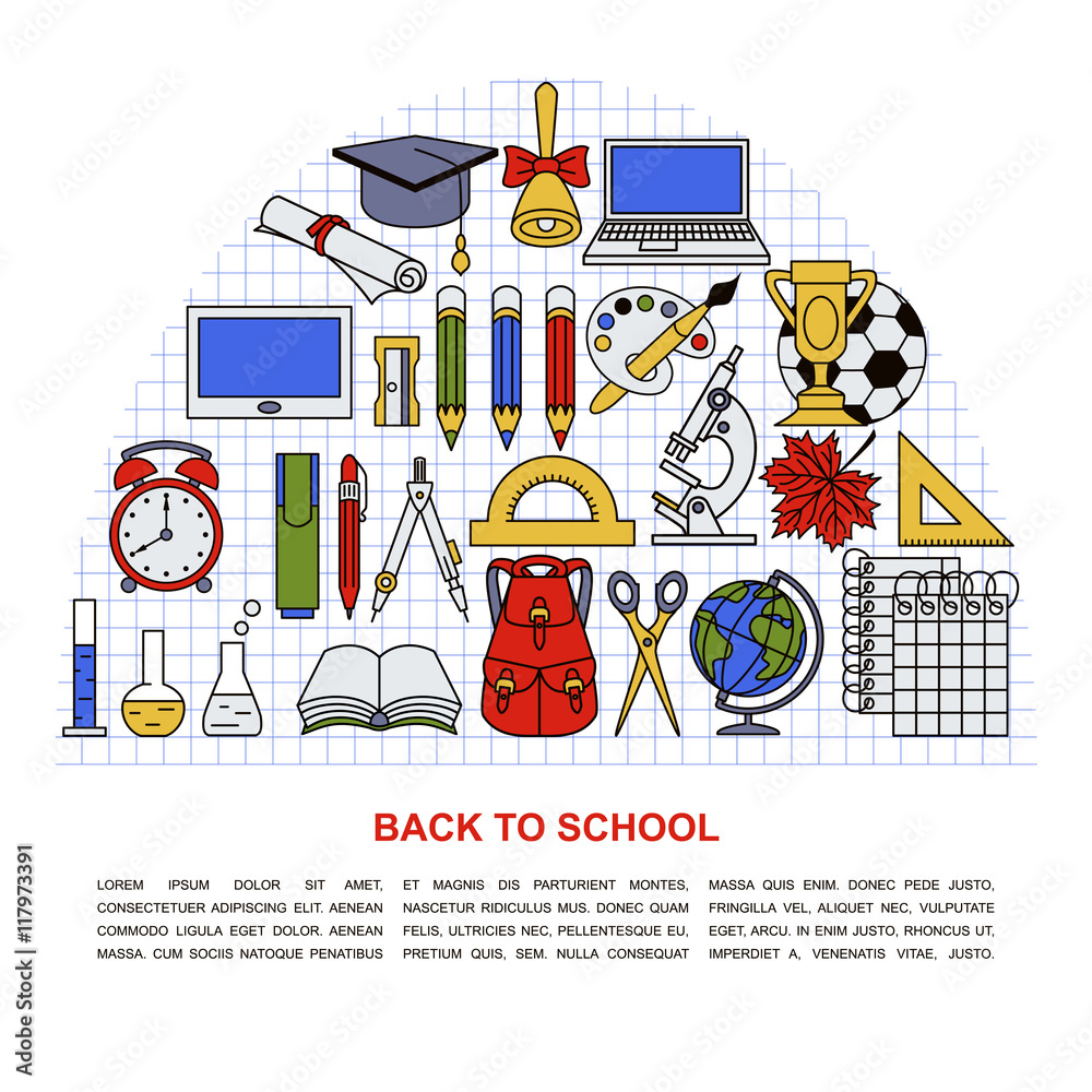 Collection of different school objects. Place for your text. Flat style ...