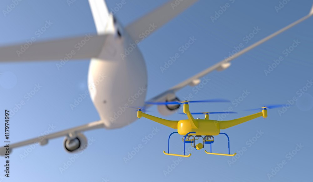 3D render of UAV drone and airliner narrowly avoiding a mid-air ...