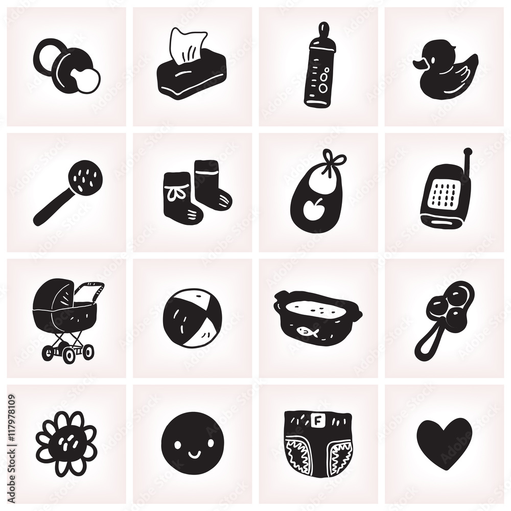Black and white vector illustration set with sketchy baby square icons ...