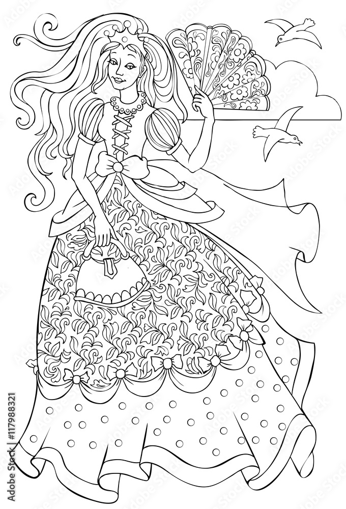 Black and white illustration of beautiful princess for coloring ...