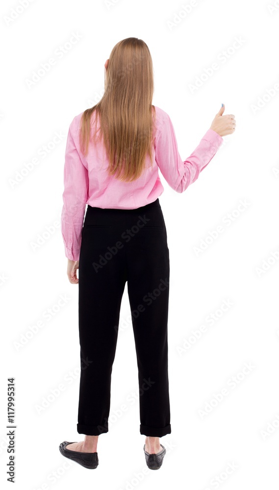 Back view of woman thumbs up. Rear view people collection. backside ...