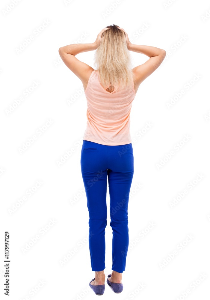 Back view of shocked woman. upset young girl. Rear view people ...