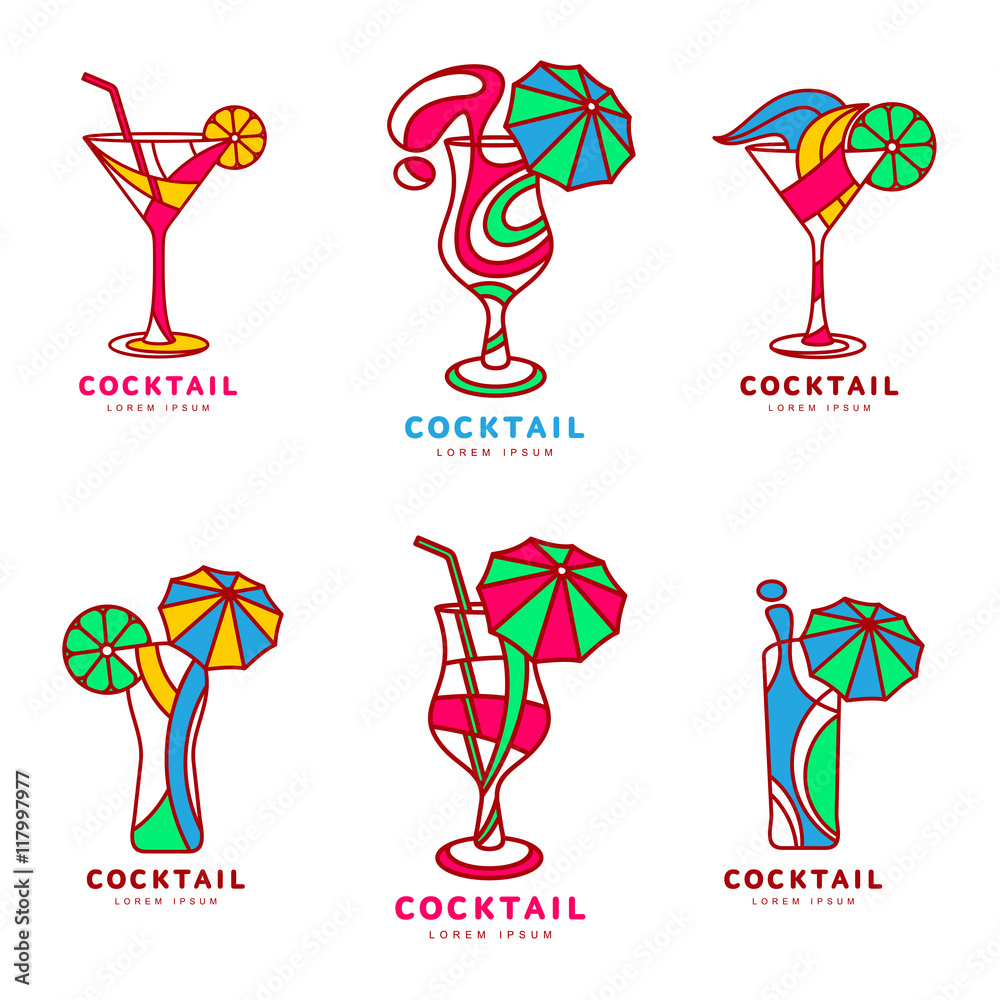 Set of colorful abstract cocktail logos, vector illustration isolated ...
