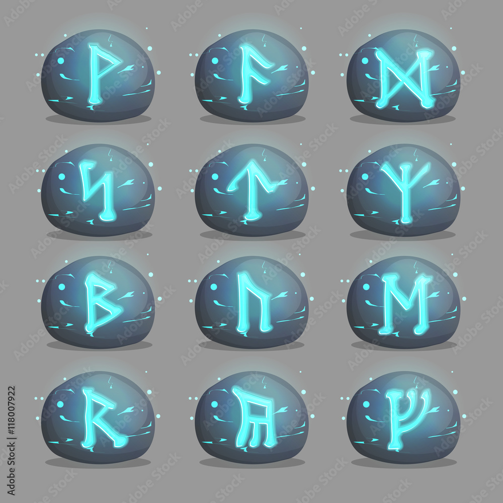 A collection of magical runic stones with Celtic mysterious signs and ...