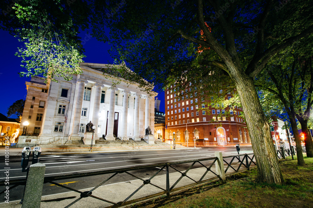 Buildings along Elm Street at night, in downtown New Haven, Conn Stock ...