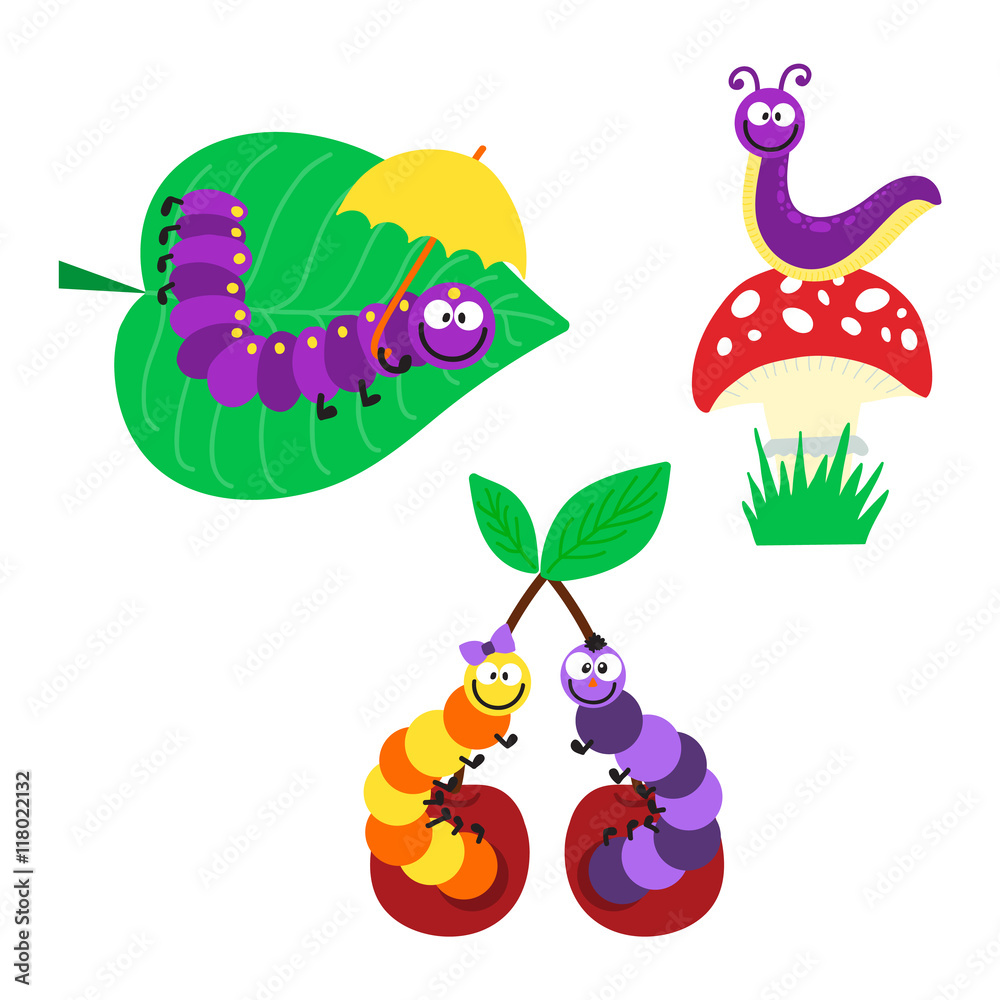 Cute hand drawn crawling caterpillar tree insect element funny little ...