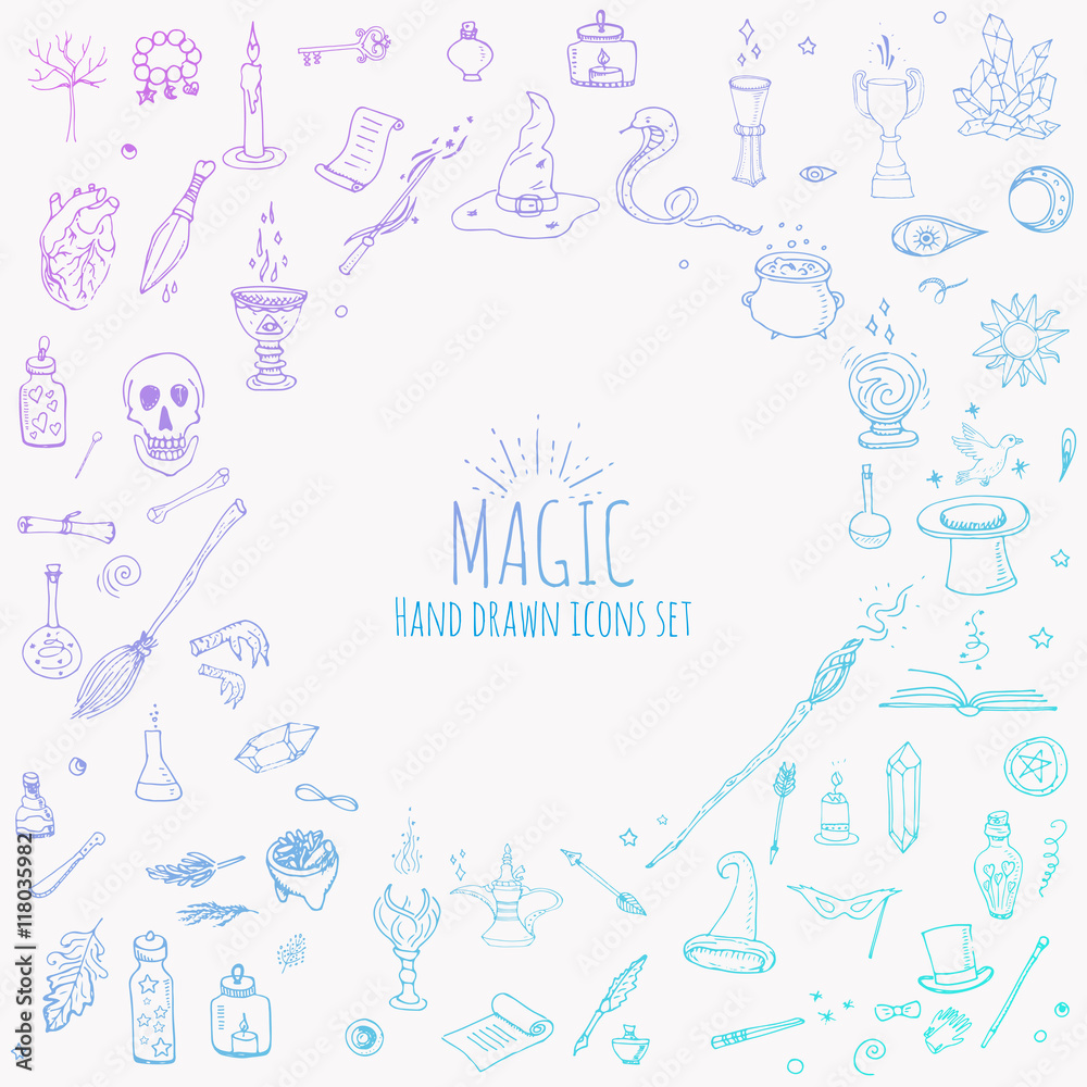 Hand drawn doodle Magic set Vector illustration wizardy, witchcraft ...