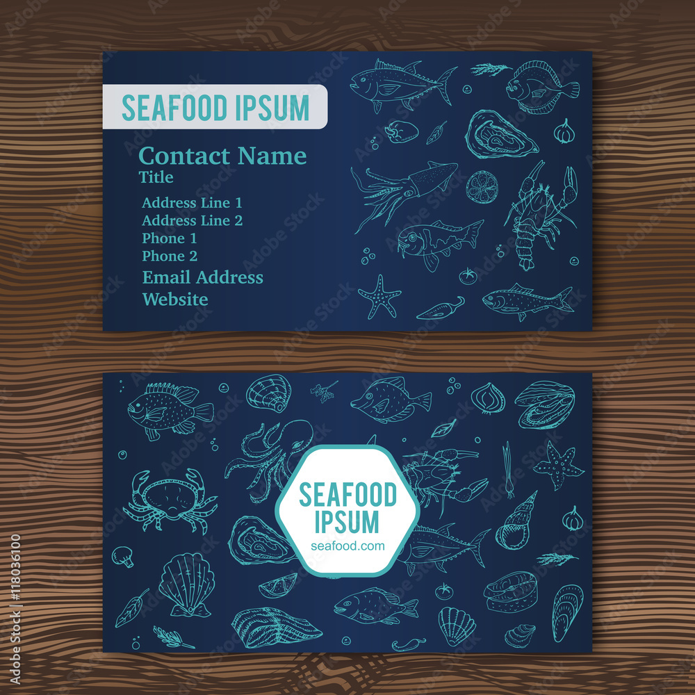 Business card template with hand drawn doodle seafood icons for ...