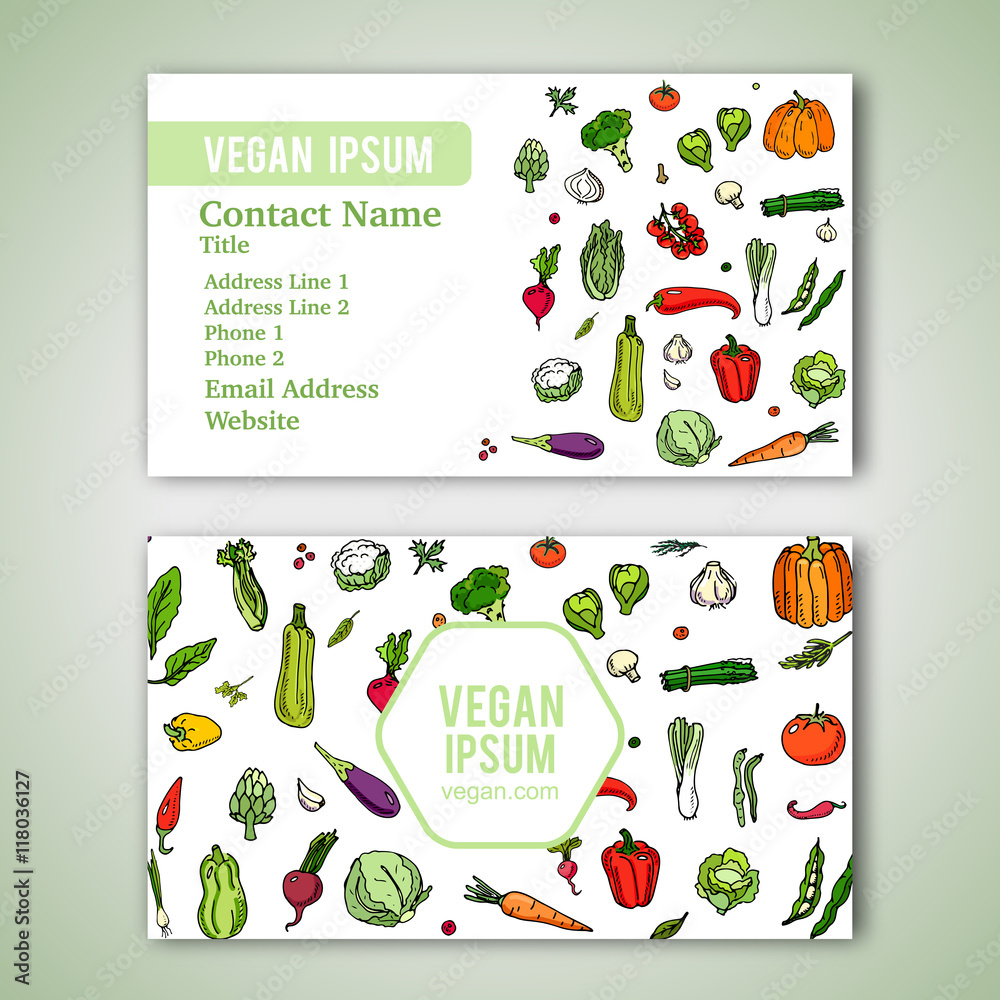 Business cards template with hand drawn doodle vegetables icons for ...