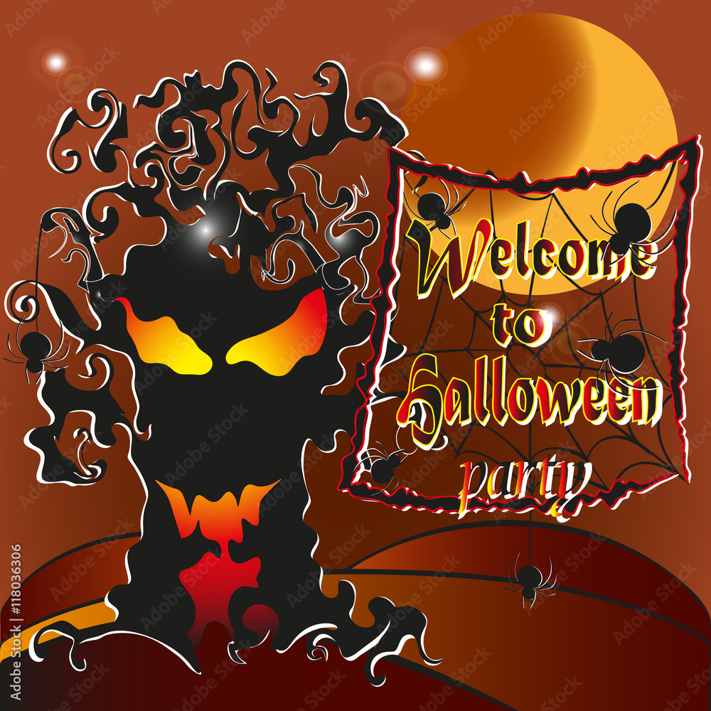 Vector illustration -Welcome to the Halloween party Drawing on brown ...