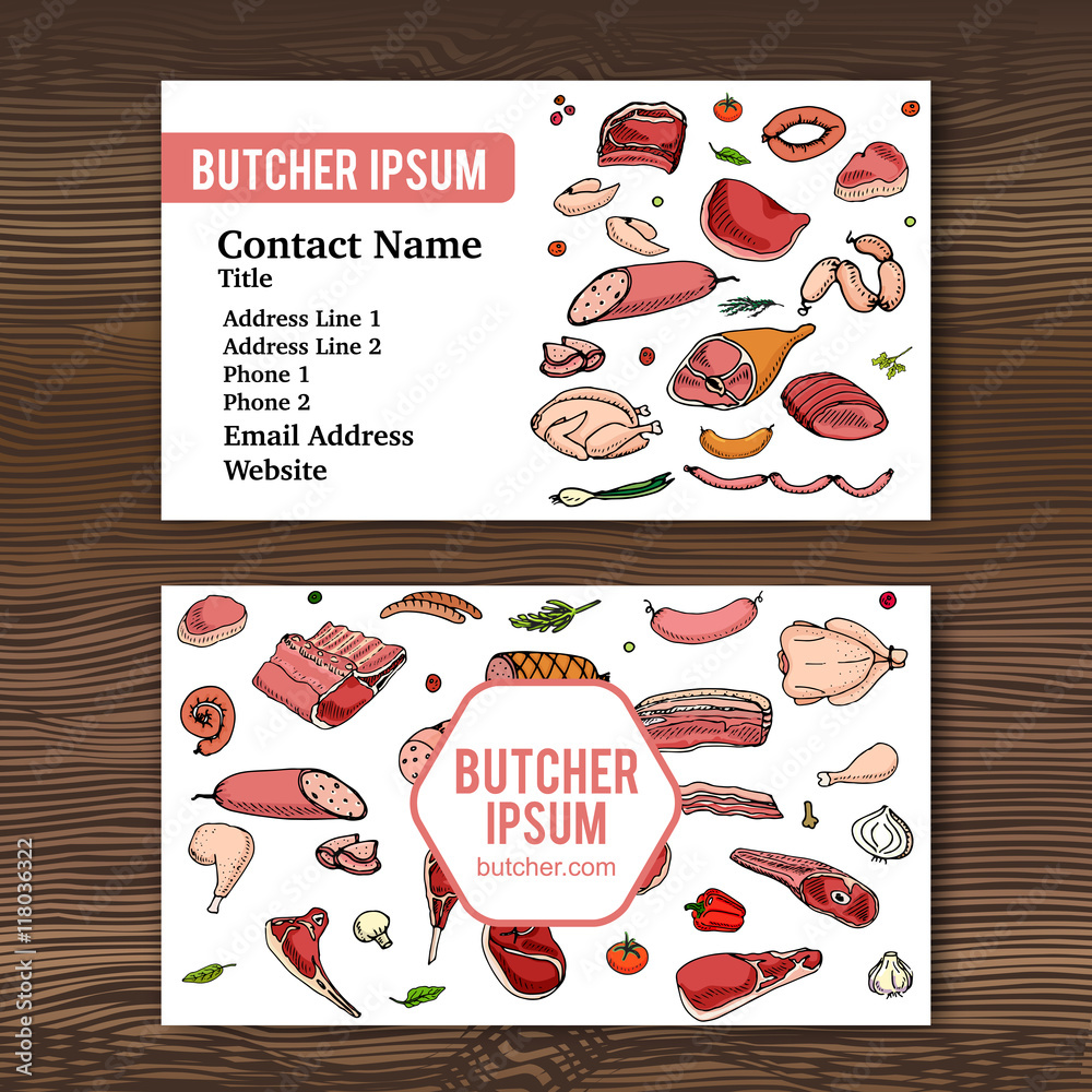 Business card template with hand drawn doodle set of cartoon different ...