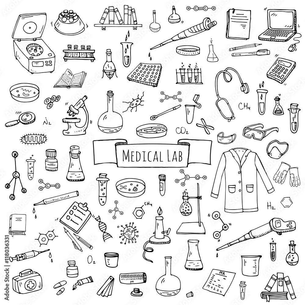 Hand drawn doodle Medical laboratory icons set. Vector illustration ...