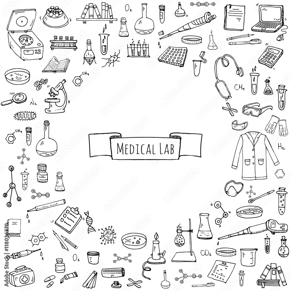 Hand drawn doodle Medical laboratory icons set. Vector illustration ...